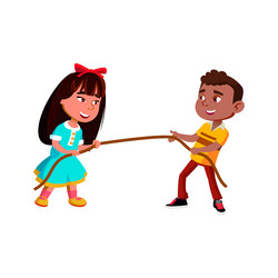 Boy and girl children pulling rope together Vector Image