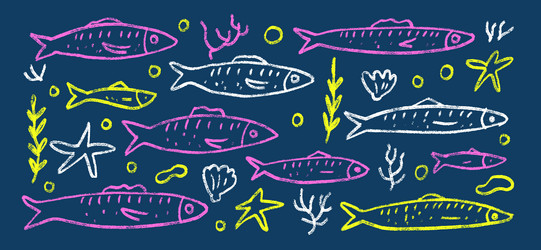 Fishes line doodle set sardines hand drawn Vector Image