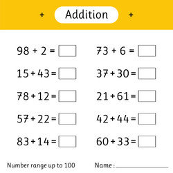 Addition number range up to 20 math worksheet Vector Image