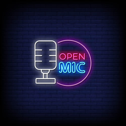Neon sign open mic with brick wall background vect