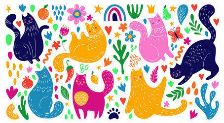 Abstract summer cats doodle drawing animals Vector Image