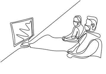 Continuous line drawing of two young gamer Vector Image