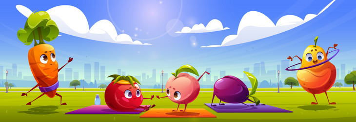 Cute kawaii fruit and vegetable doing yoga Vector Image