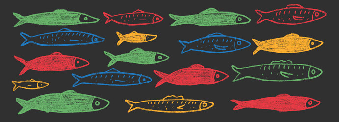 Fishes line doodle set sardines hand drawn Vector Image