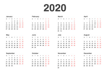 Calendar 2020 in english week starts Royalty Free Vector