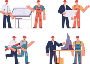 Team of young architects and builders discussing Vector Image