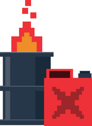 Videogame pixelated barrel in fire with fuel can Vector Image