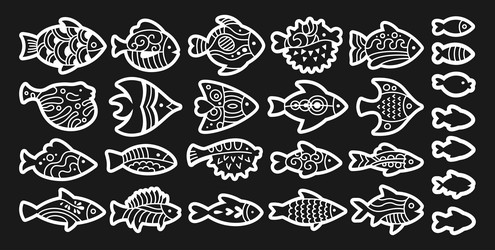 Fish abstract tropical ornaments doodle set linear
