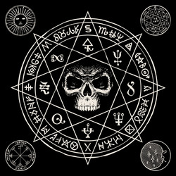 Hand-drawn banner with a human skull and runes Vector Image