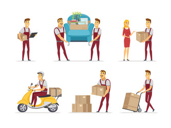 Cartoon porter transporting fridge by cart poster Vector Image