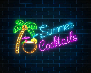 Neon summer cocktail bar sign on dark brick wall Vector Image