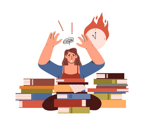 Stress exam preparation with textbook pile scared Vector Image