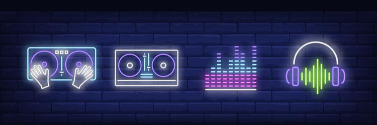 Dj set neon sign disk jockey at turntable Vector Image