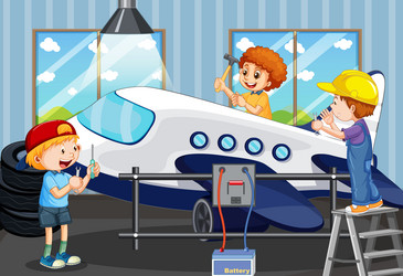 Children fixing a plane together Royalty Free Vector Image