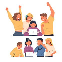 Happy people character looking at the computer Vector Image