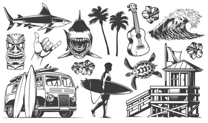 Set vintage surfing graphics and emblems Vector Image
