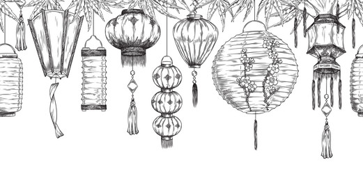 Japanese paper lanterns on template for card Vector Image