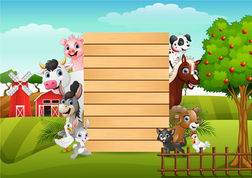 Farm animals with a blank sign bamboo Royalty Free Vector