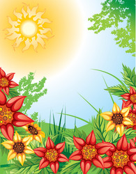 Nature scene with flower garden at sunset Vector Image