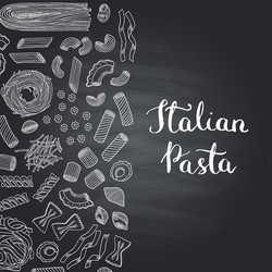 Pasta and chalk typography on a chalkboard Vector Image