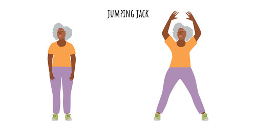 Senior active woman doing jumping jack exercise Vector Image