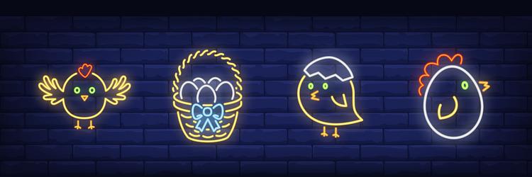 Cute spring chicken neon sign set Royalty Free Vector Image