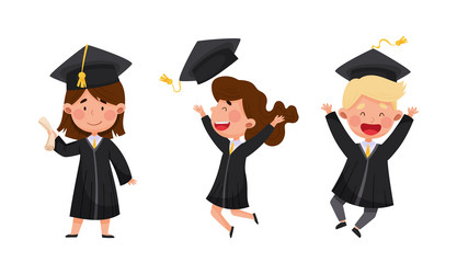 Happy kids in graduation gown and cap Royalty Free Vector