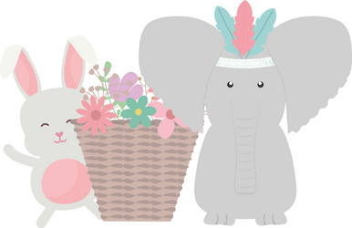 Elephant and rabbit with feathers hat basket Vector Image