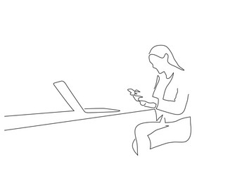People using technology line drawing Royalty Free Vector