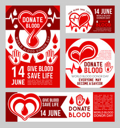 Blood donation medical poster with heart and drop Vector Image