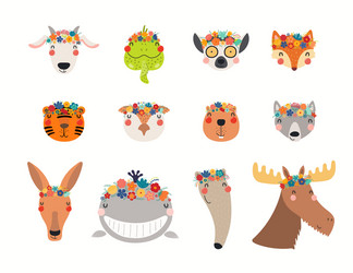 Set cute cartoon animals with flower crowns Vector Image