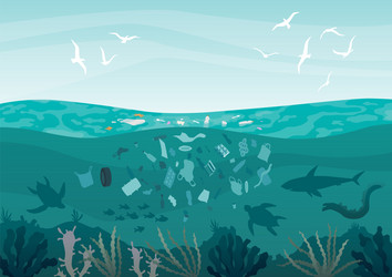 Garbage polluted ocean cartoon nature scenery Vector Image