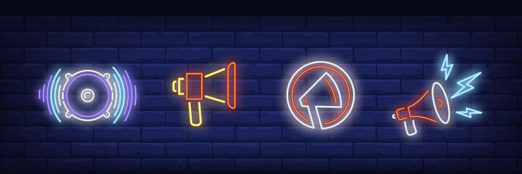 Sound technology neon sign set Royalty Free Vector Image