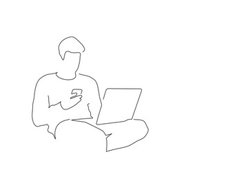 People using technology line drawing Royalty Free Vector