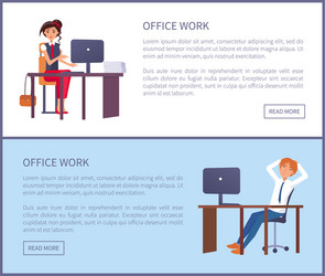 Office work banners man woman at workplace Vector Image
