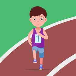 Cartoon boy running and winning a marathon Vector Image