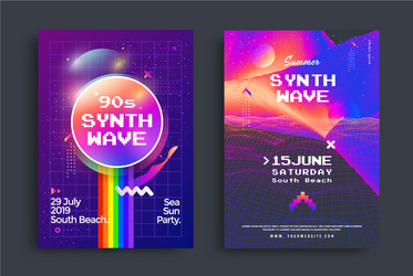 Summer synth retro wave poster with sunrise Vector Image