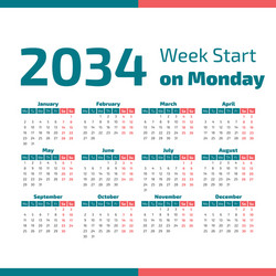 2034 calendar with weeks start on sunday Vector Image