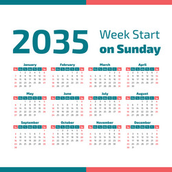 2035 calendar with weeks start on monday Vector Image
