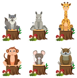 Wild animals sitting on tree stump Royalty Free Vector Image