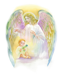 Beautiful angel with wings flying over child Vector Image