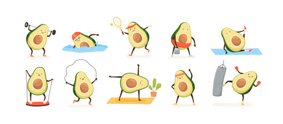 Avocado sport characters gym training healthy Vector Image