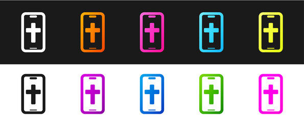 Black christian cross on mobile phone icon Vector Image