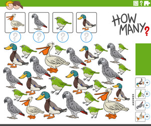How many cartoon birds animals counting game Vector Image