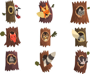 Cute animals sitting in burrows and tree hollows Vector Image