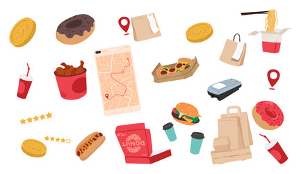 Food delivery items and workers couriers riding Vector Image