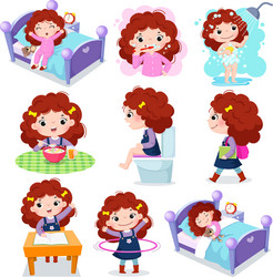 Daily morning routine set cartoon little girl Vector Image