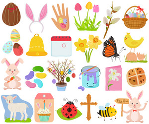 Easter circle icons with bunny chick and flowers Vector Image