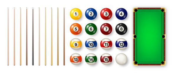 Billiard balls with numbers various cues and Vector Image