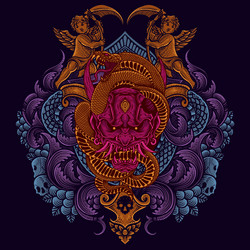 Demon mask with snake engraving style Royalty Free Vector